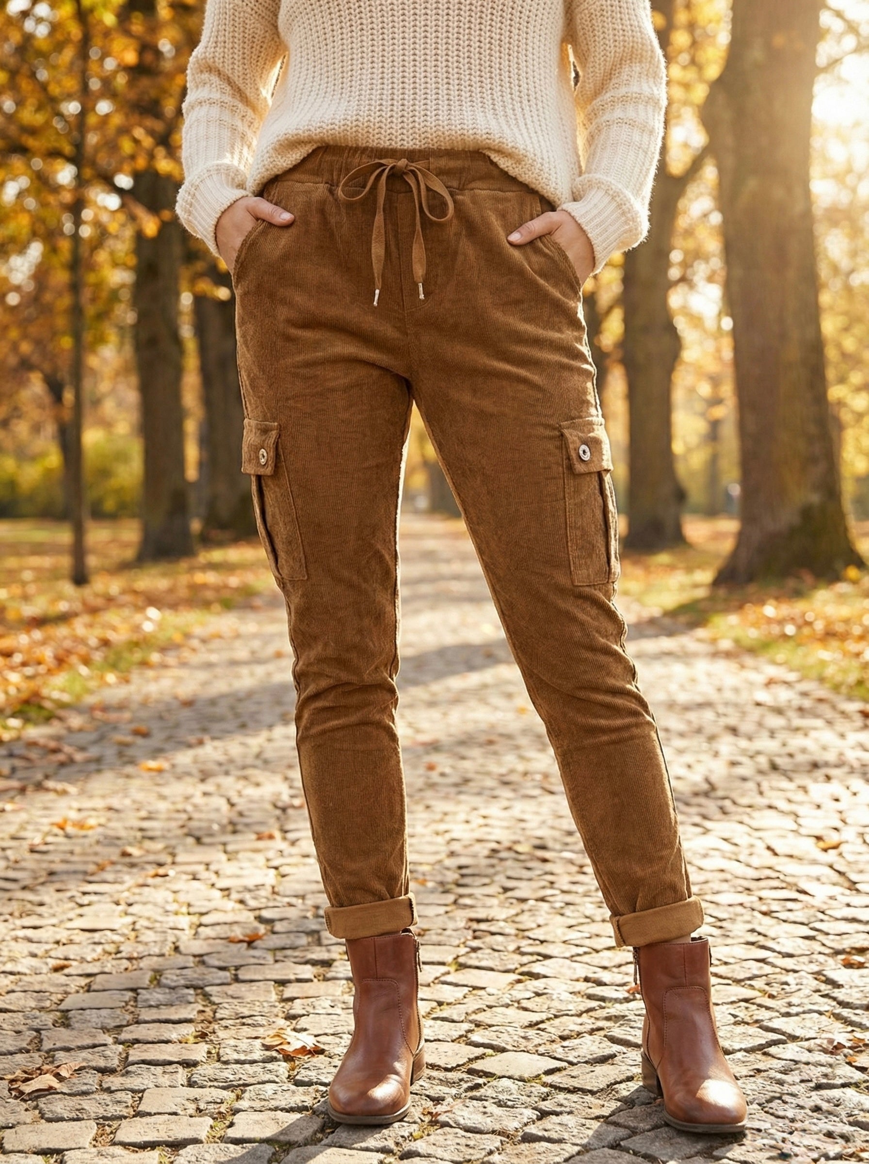 The Autumn Stroll Stretch Cord Jogger- tan – CharmingParrot